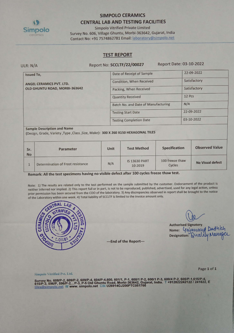 TEST REPORT - Angel Ceramics, Morbi, Gujarat, India, Tiles Exporter ...